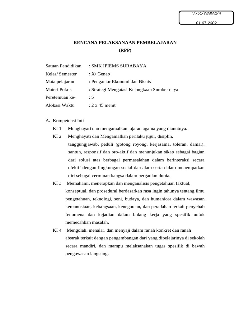 RPP Ke 5 Pengantar Ekonomi (Strategi Mengatasi Kelangkaan Sumber Daya) | PDF