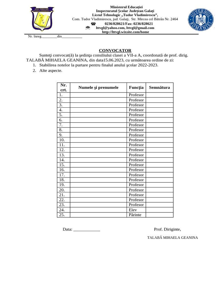 CONVOCATOR PROFESORII CLASEI | PDF