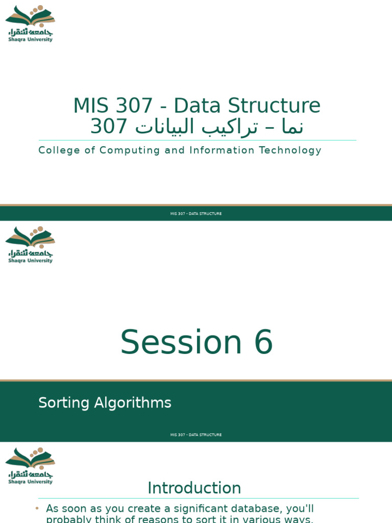 Session 6 - Sorting Algorithms - MIS 307 | PDF