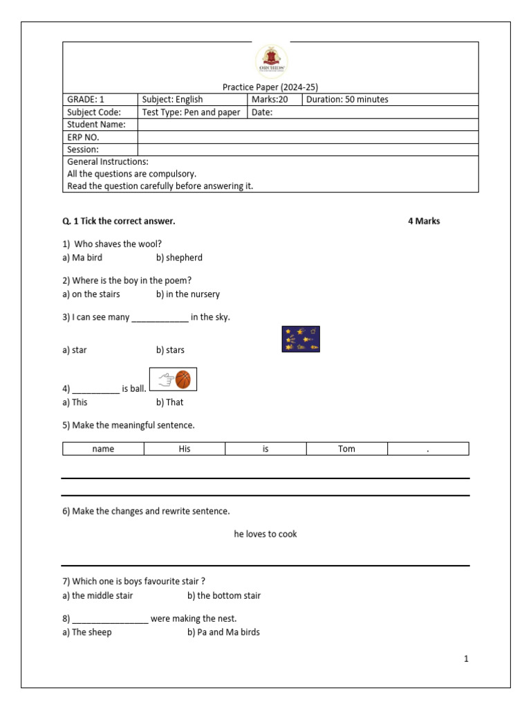 Gr. 1 Practice Worksheet | PDF