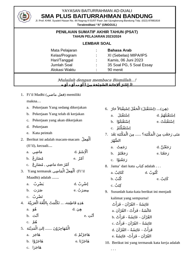 Naskah Soal Bahasa Arab Kelas Xi | PDF