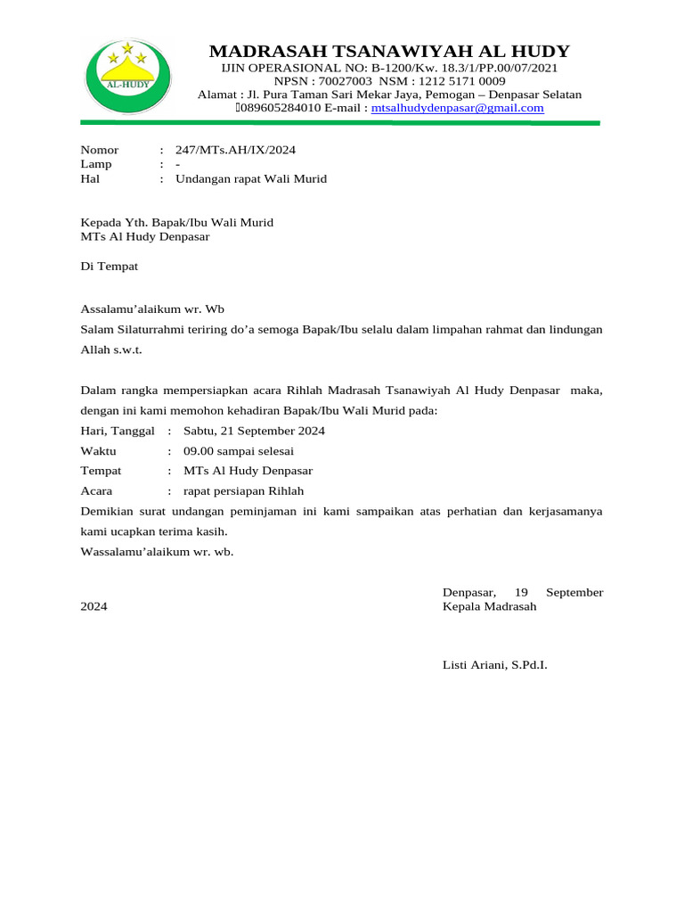 Undangan Wali Murid Rihlah | PDF