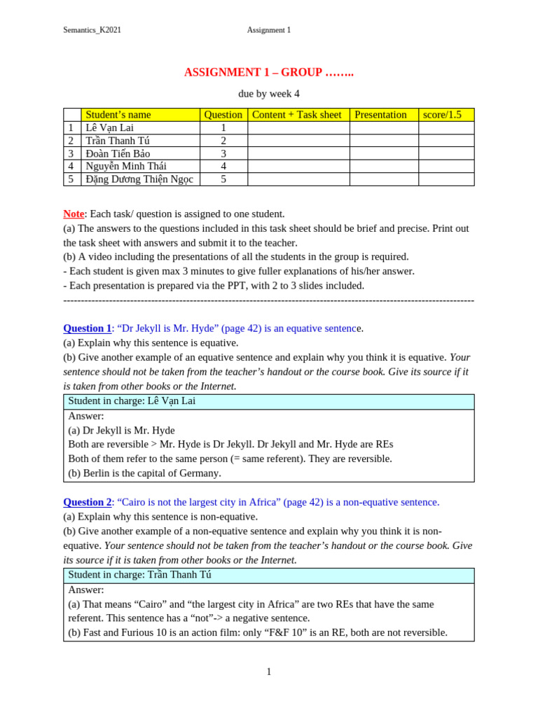 Assignment 1 (Semantics) | PDF