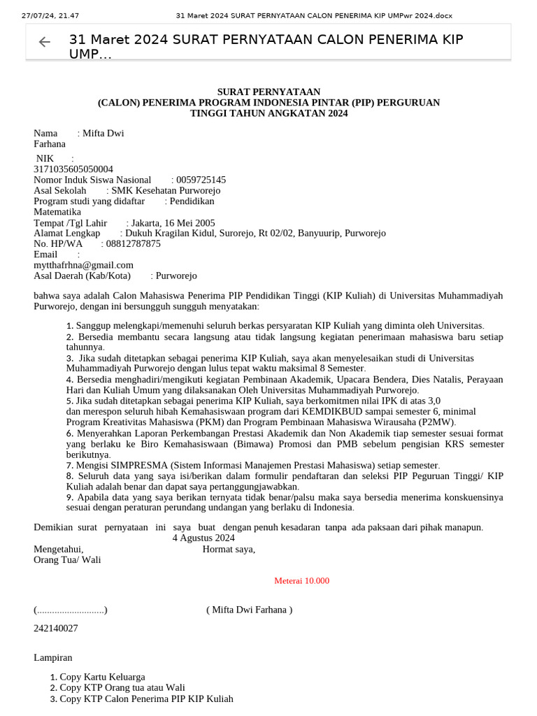 Surat Pernyataan Mifta | PDF | Ilmu Sosial