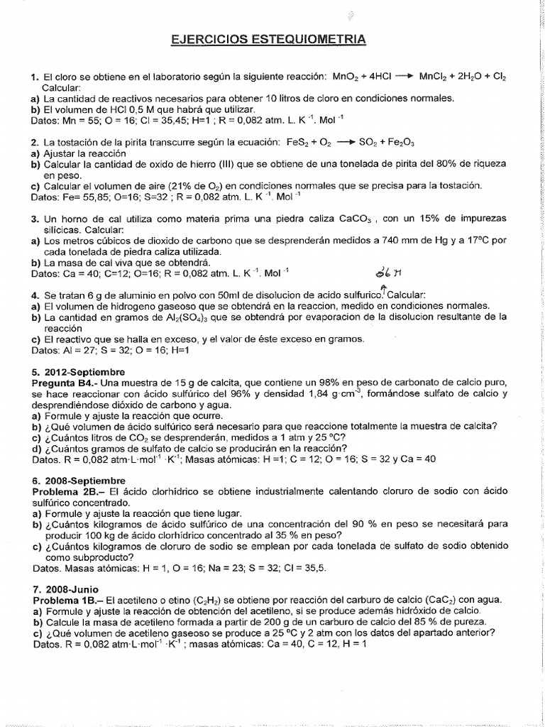 Ejercicios Estequiometría PAU Madrid (Escaneado) | PDF