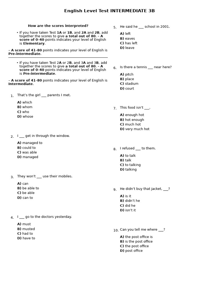 English Level Test PDF Intermediate b3 Englishtestpdf | PDF