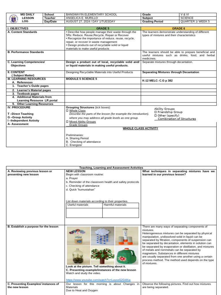 DLL Q1 W5 Day1 Science | PDF | Mixture | Waste