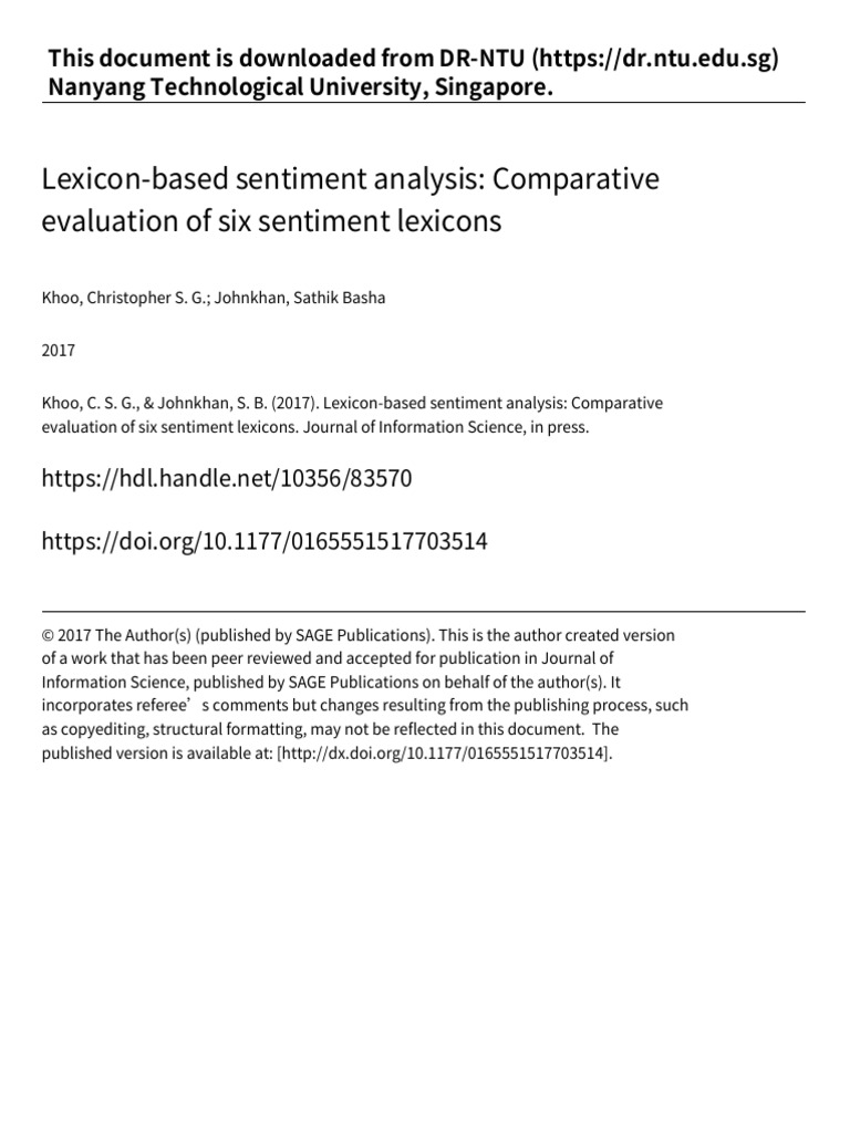 Lexicon Based Sentiment Analysis Comparative Evaluation Of Six