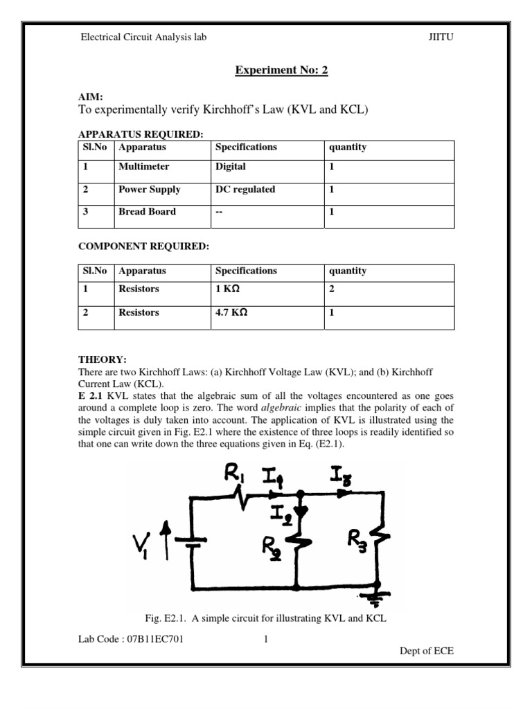 Exp 2 Kcl And Kvl Network Analysis Electrical Circuits Voltage