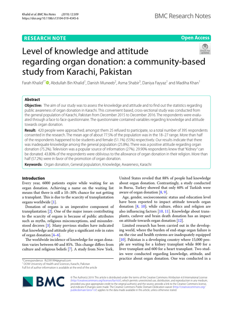 Level of Knowledge and Attitude Regarding Organ Donation A Community Based Study From Karachi ...