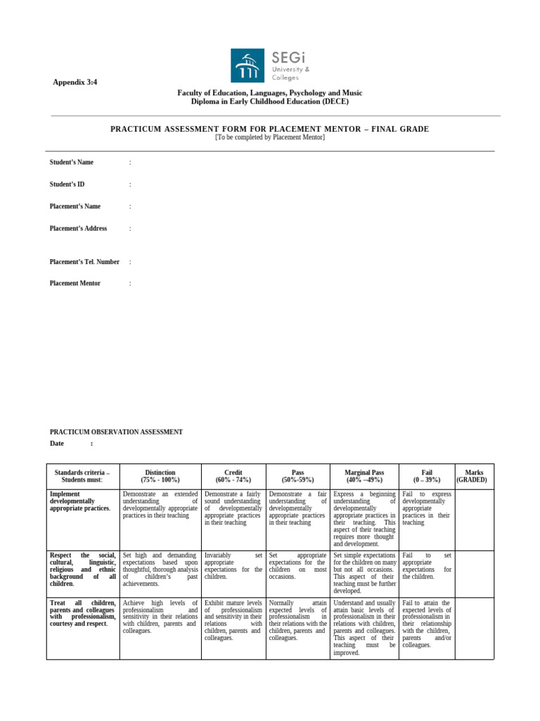 Appendix 3 - 4 - PDT4023 - Placement Mentor's Assessment Form | PDF