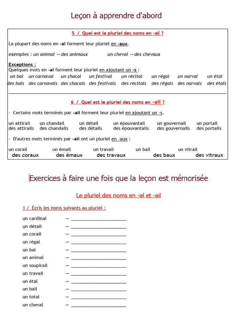 Exercices - Le Pluriel Des Noms Termines en - Al Et - Ail-2 | PDF