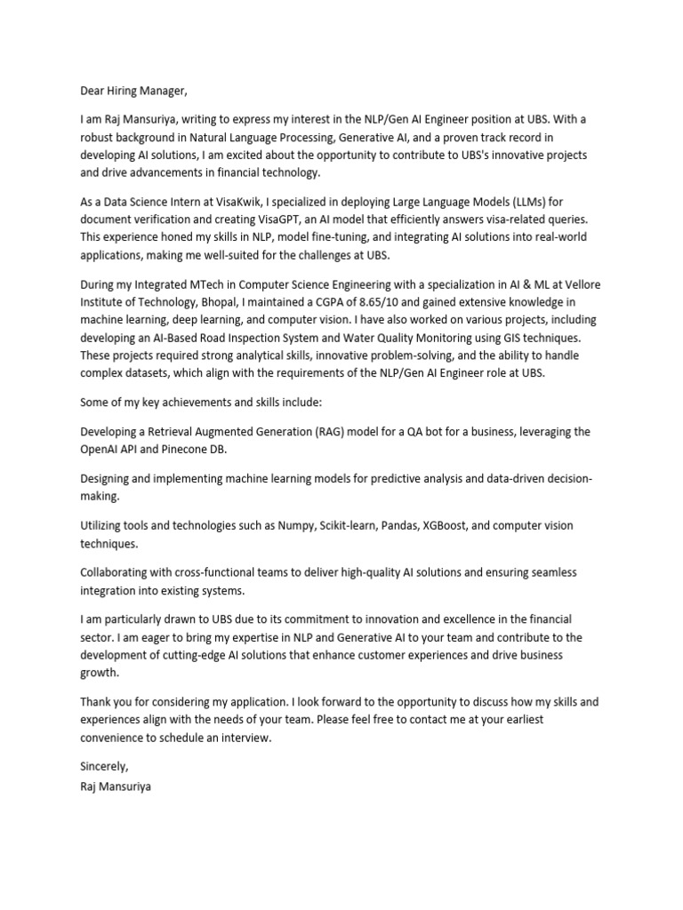 UBS Cover Letter (1) | PDF