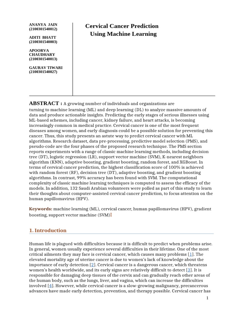 Cervical Cancer Prediction Using Machine Learning Pdf Machine Learning Cervical Cancer