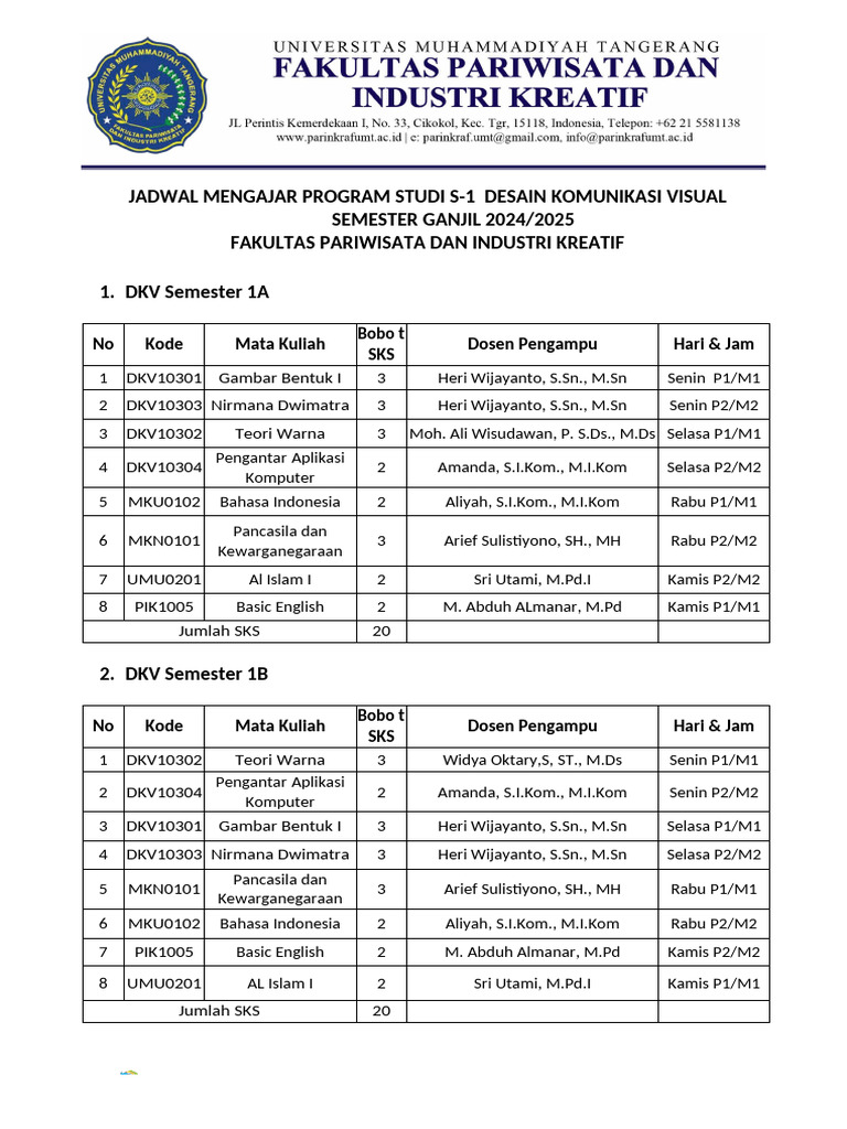 Jadwal Prodi DKV Semester Ganjil 2024-2025 Final | PDF