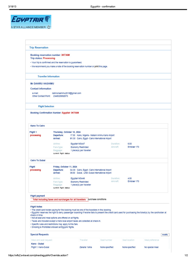 Dahiru Hashimu EgyptAir Confirmation | PDF