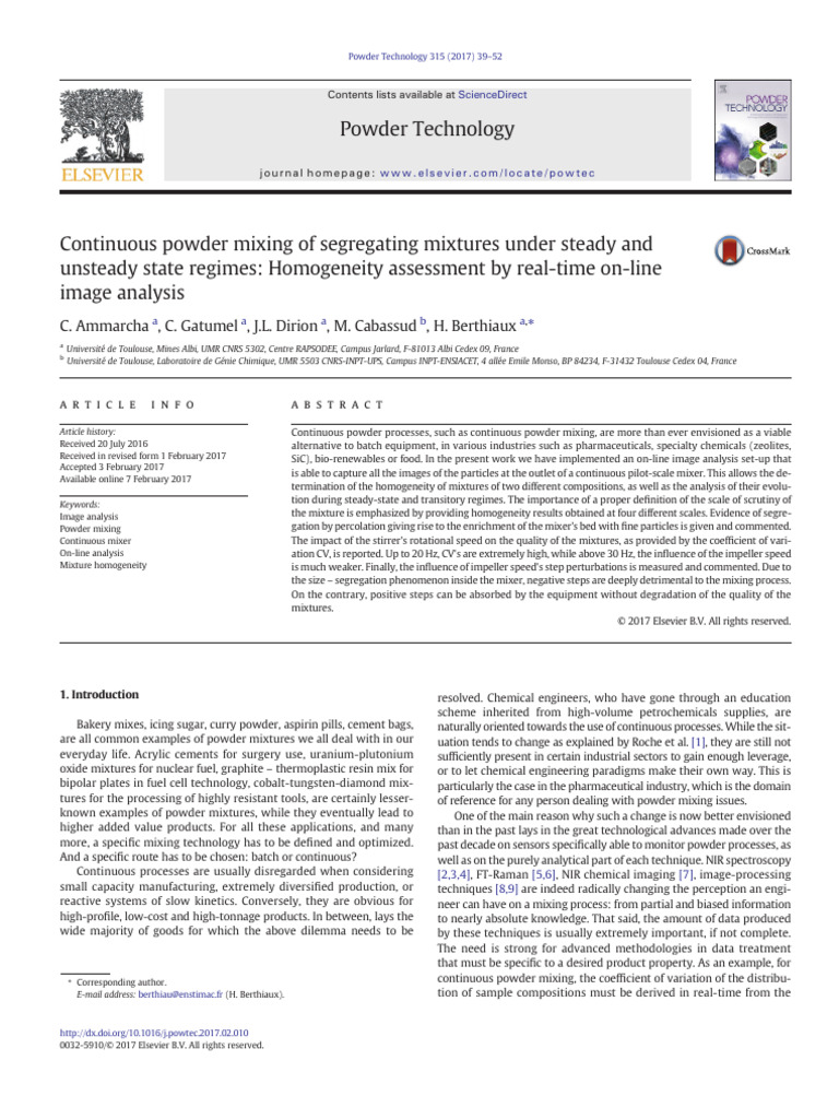 Continuous Powder Mixing of Segregating Mixtures Under Steady and Unsteady State Regimes ...