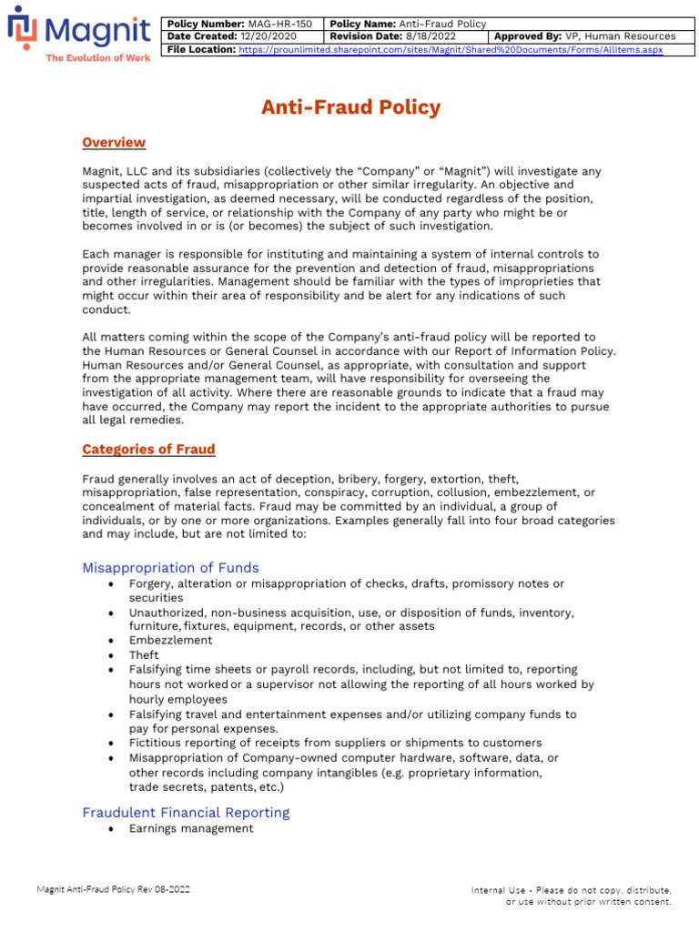 Anti-Fraud Policy Rev 08-2022 | PDF