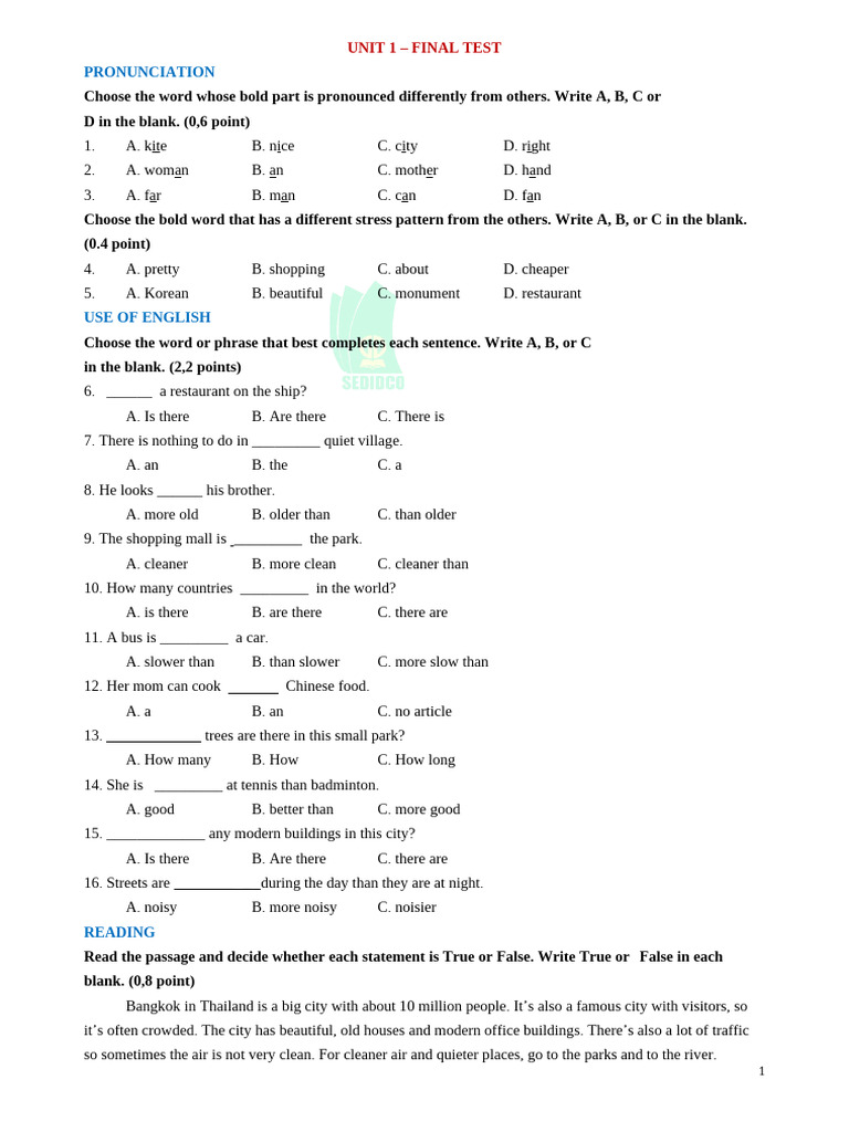 Tiếng Anh 6 Friends Plus - Unit 1 - Final Test | PDF