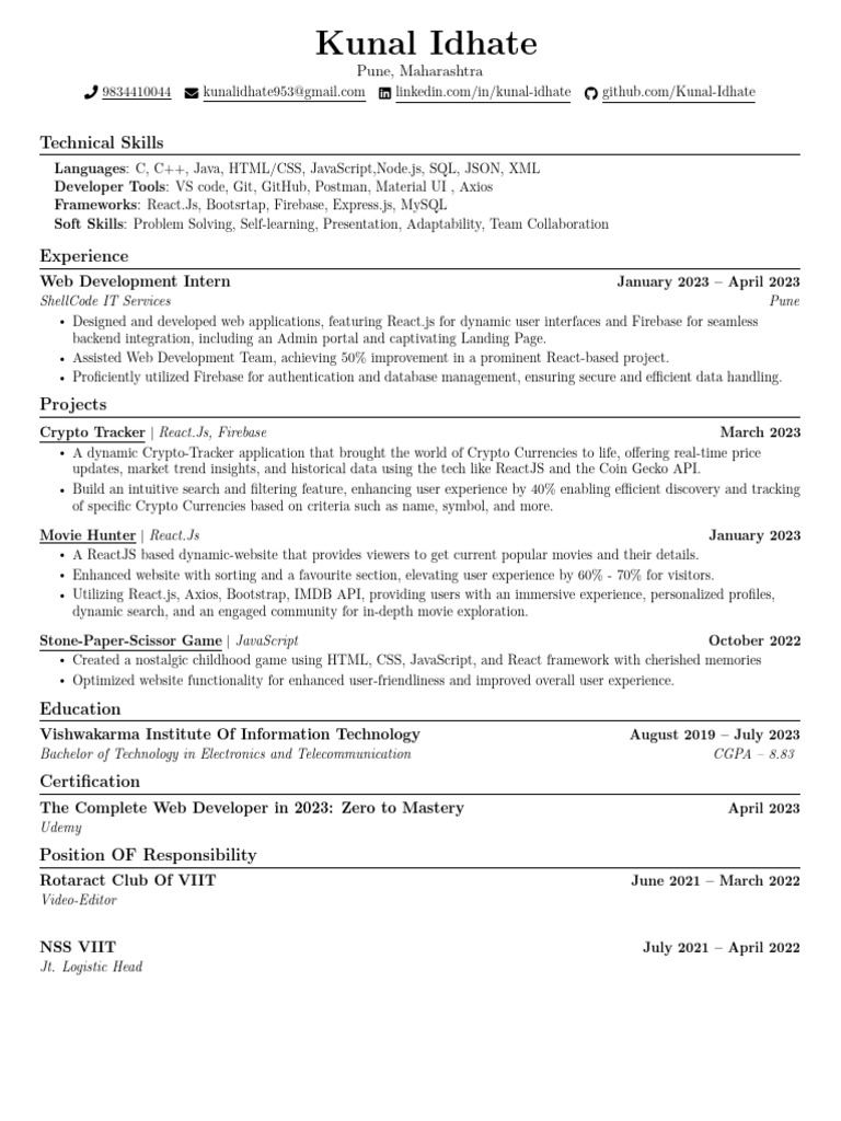 Resume Kunal Idhate | PDF