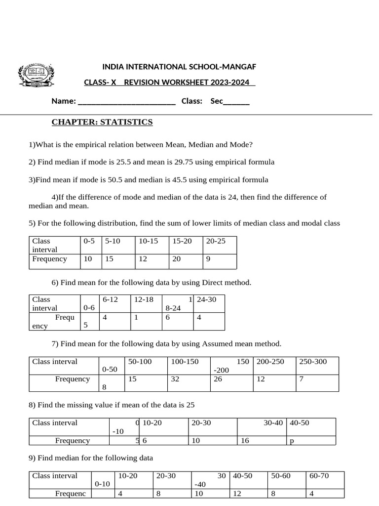 IIS W CLASS X STATISTICS REVISION WORKSHEET, 2023-24 | PDF