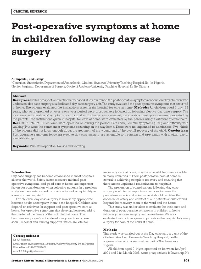 Post-Operative Symptoms at Home in Children Following Day Case Surgery ...