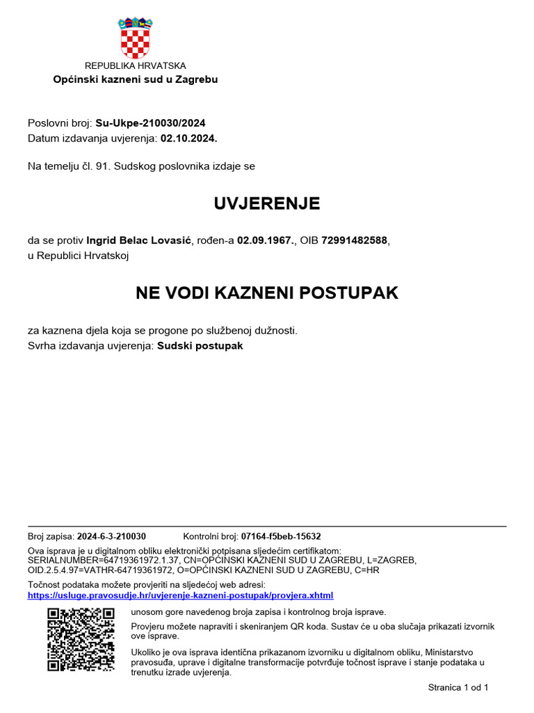 Uvjerenje Općinskog Kaznenog Suda U Zagrebu o Ingrid Belac-Lovasić | PDF