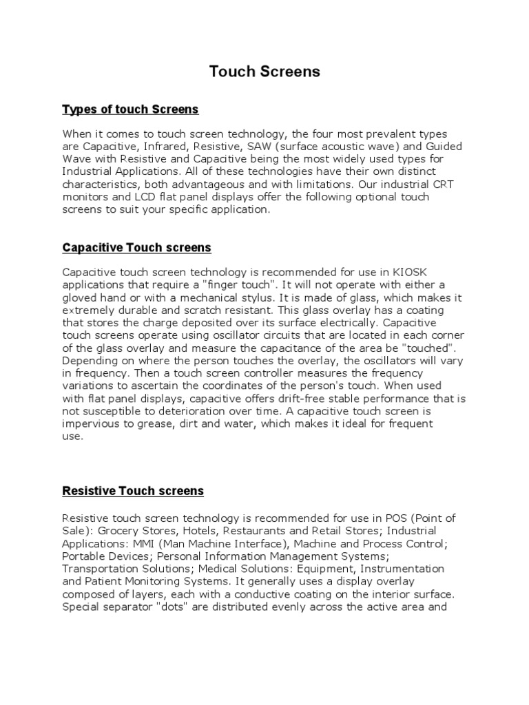 Types of Touch Screens | PDF | Touchscreen | Electronics