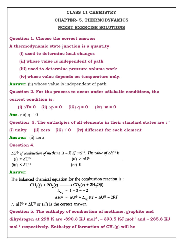 Class 11 Chapter 5 Thermodynamics Exercise Solutions | PDF