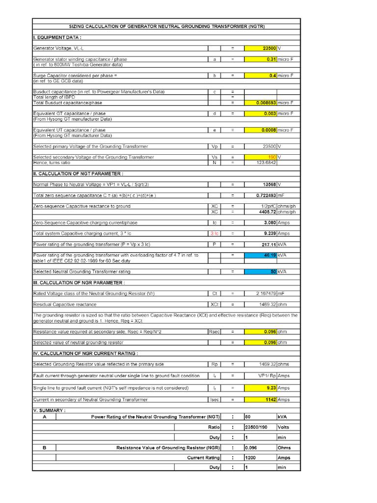 Generator NGTR Sizing Calculation PDF | PDF