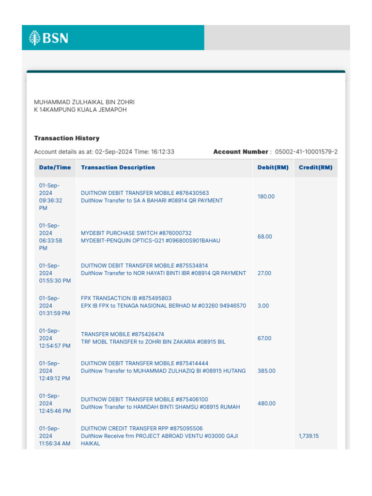 MyBSN - Transaction History - Bank Simpanan Nasional | PDF