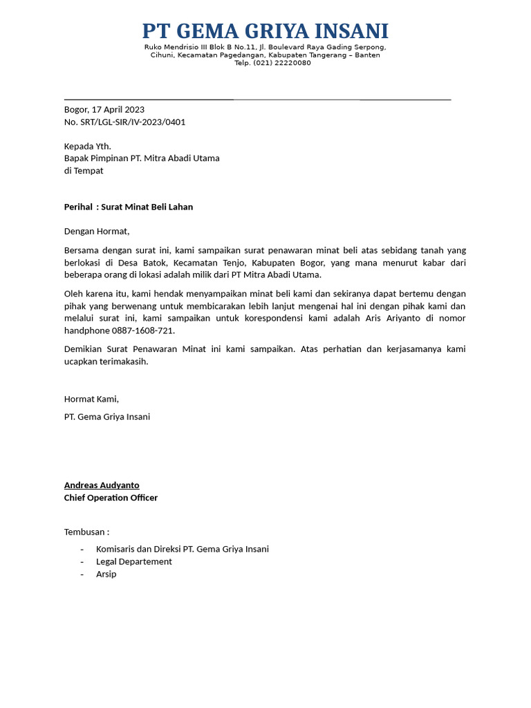 Surat Penawaran Harga Lahan PT. MAU (1) Rida Rev 14042023 | PDF