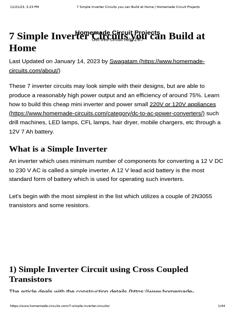 7 Simple Inverter Circuits You Can Build at Home - Homemade Circuit Projects | PDF
