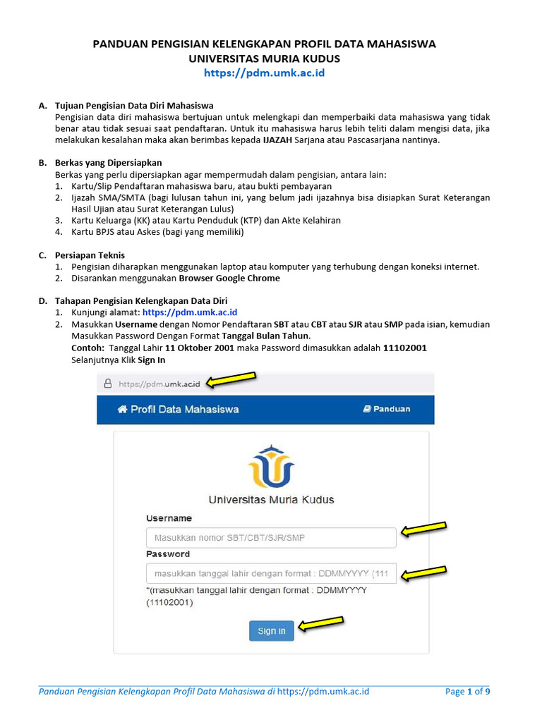 Panduan Pengisian Kelengkapan Profil Data Mahasiswa Universitas Muria Kudus | PDF
