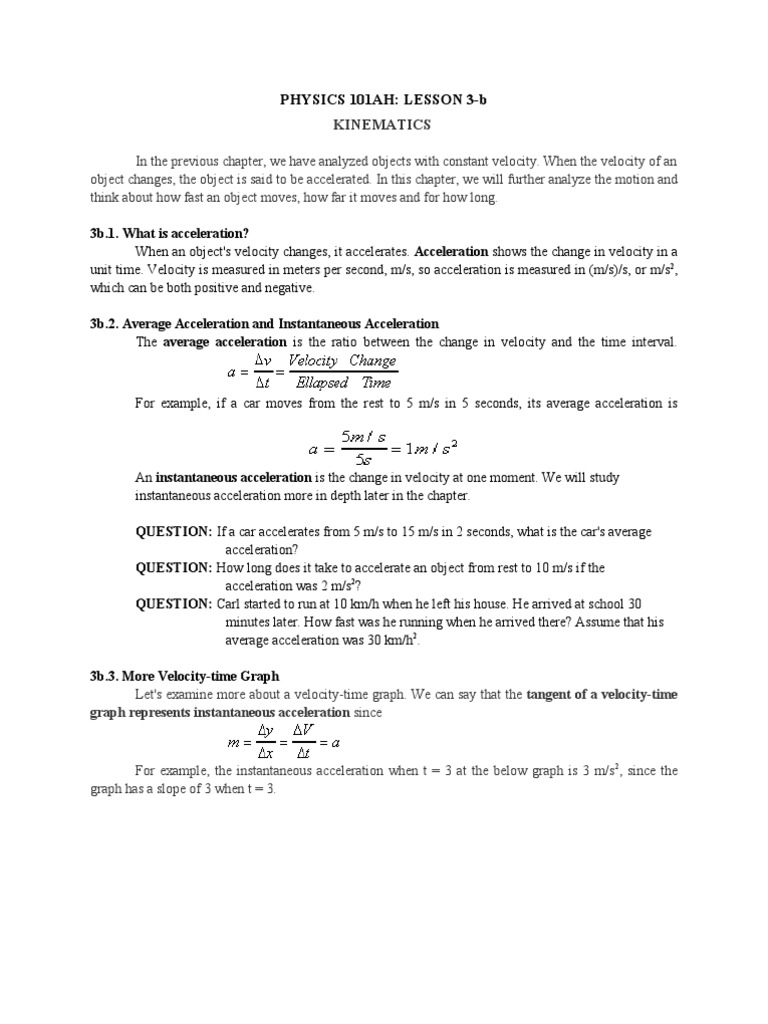 Physics 101ah - Lesson 3b | PDF | Velocity | Acceleration