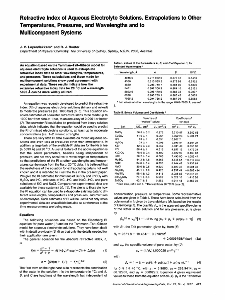 Leyendekkers Hunter 2002 Refractive Index of Aqueous Electrolyte ...