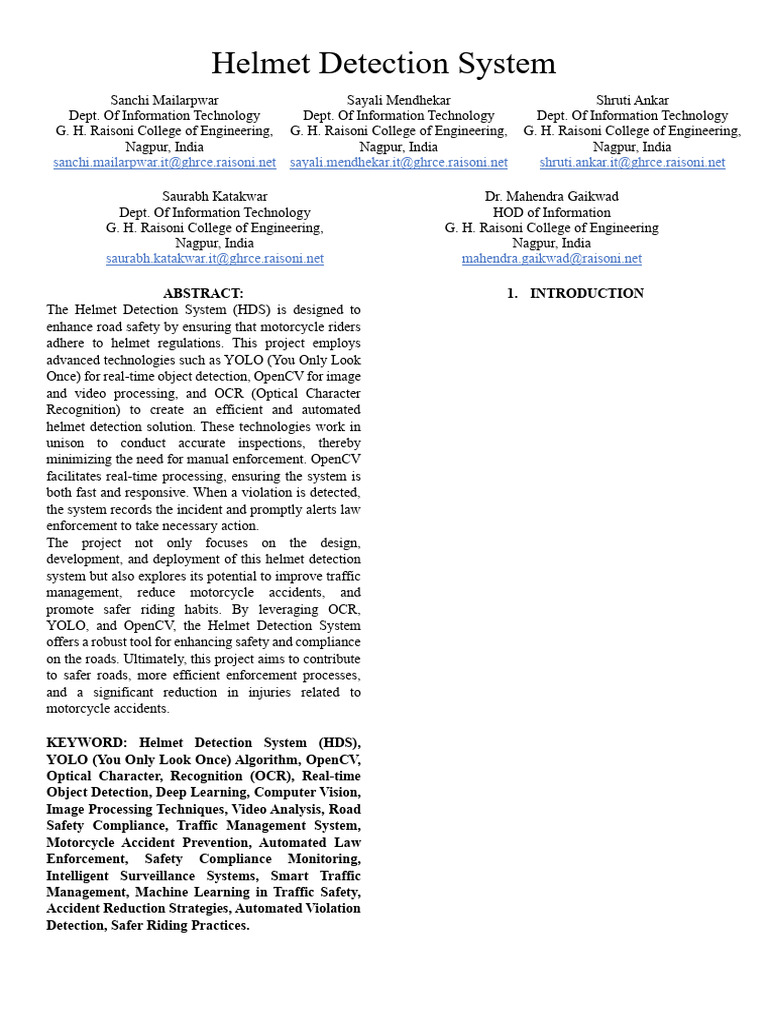 Helmet Detection System Research Paper | PDF | Computing