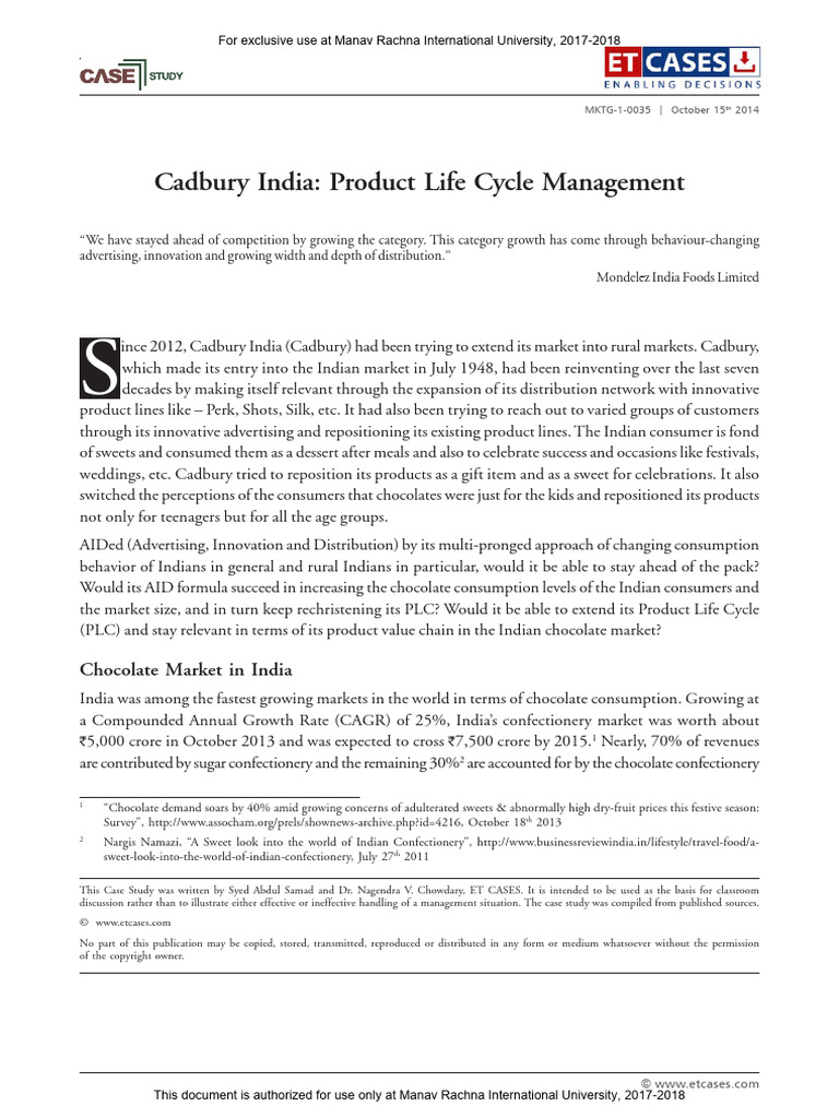 Cadbury India Product Life Cycle Management - CASE STUDY | PDF