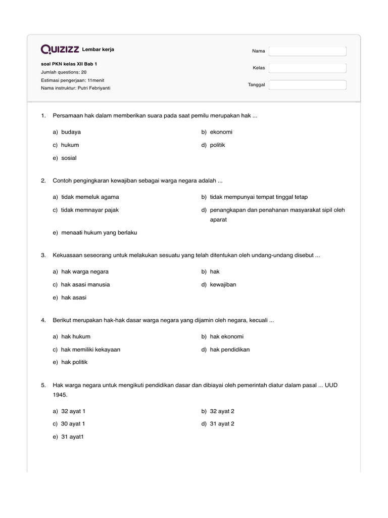Soal PKN Kelas XII Bab 1 - Quizizz | PDF