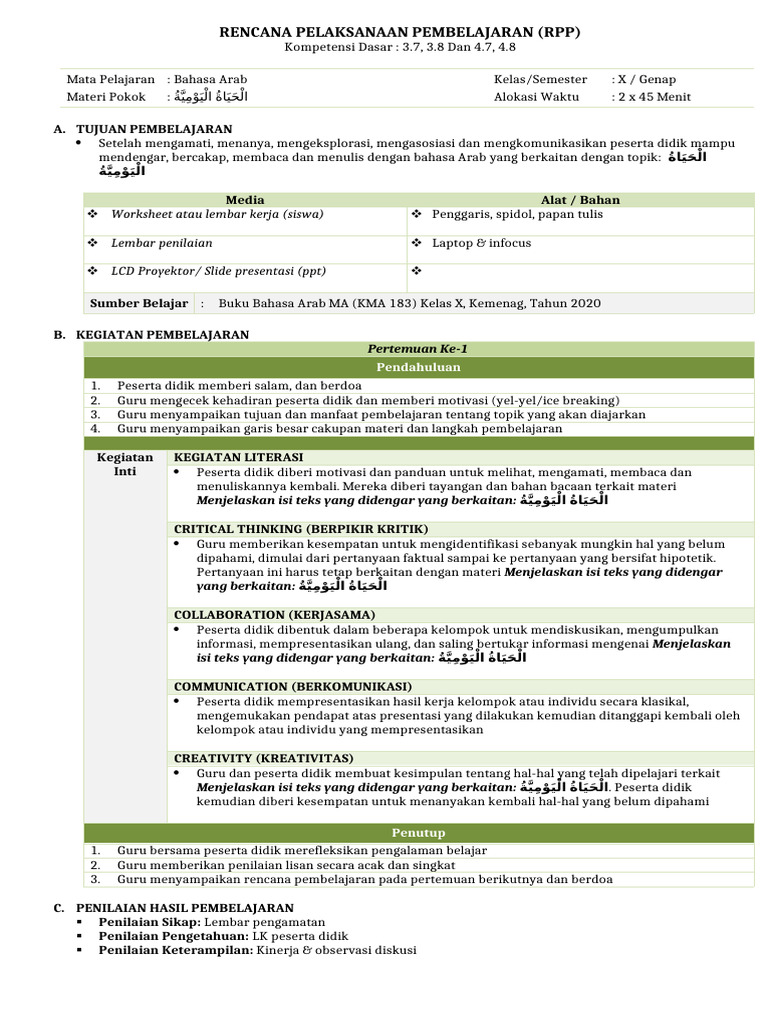 RPP Bahasa Arab Kelas X Semester 2 | PDF