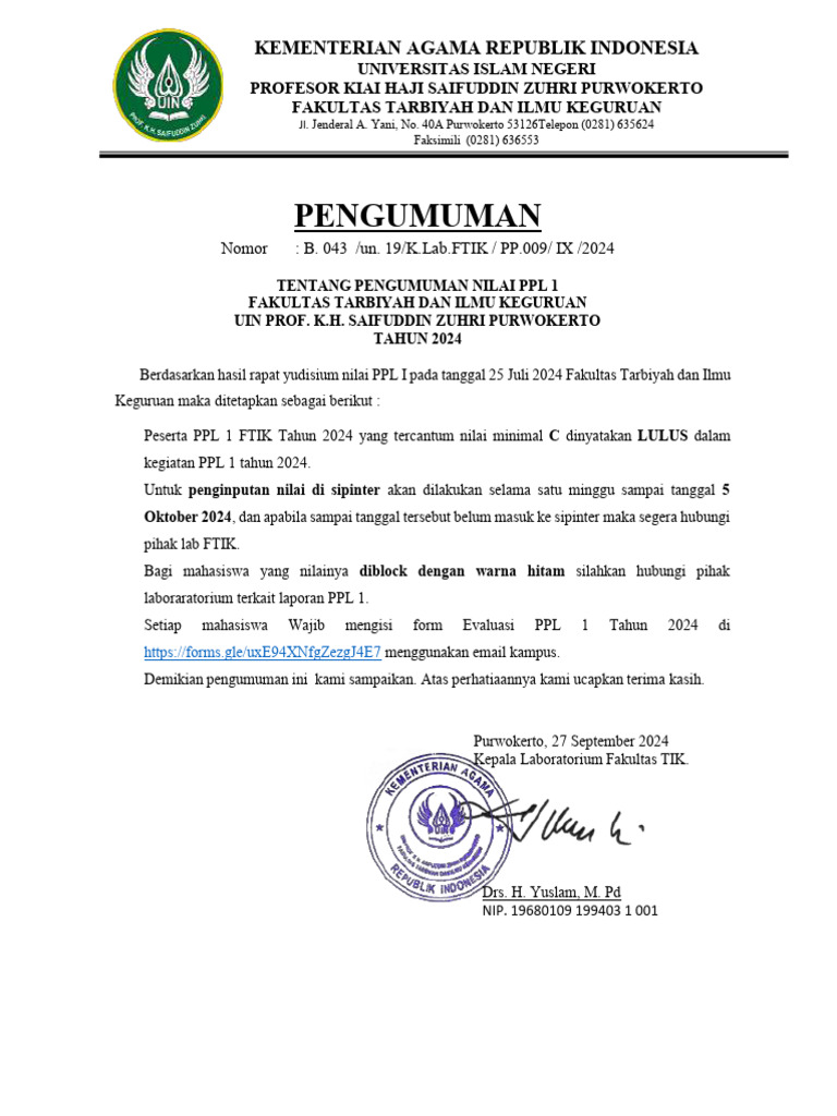 Pengumuman Nilai PPL 1 2024 | PDF