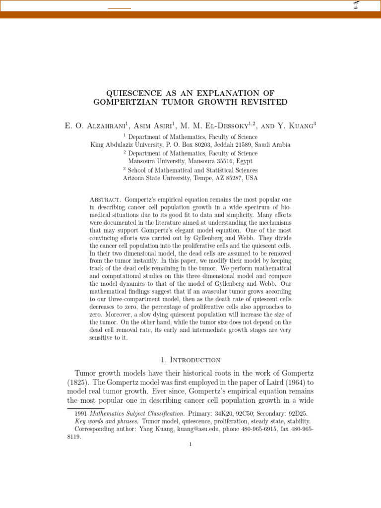 Quiescence As An Explanation of Gompertzian Tumor Growth Revisited | PDF