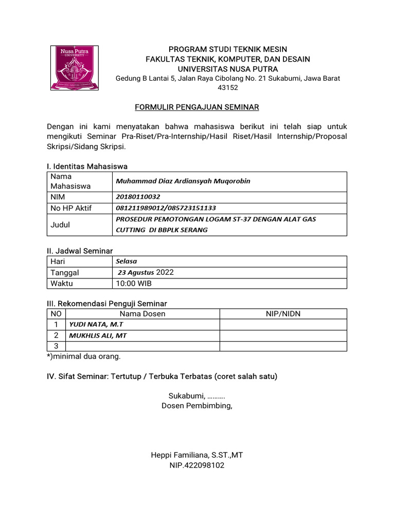 Salinan FORMULIR PENGAJUAN SEMINARR | PDF