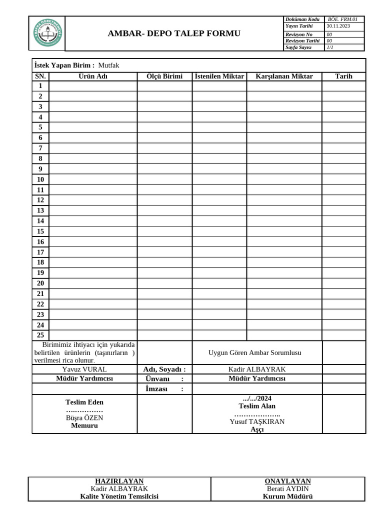 FRM 01 Ambar-Depo Talep Formu | PDF