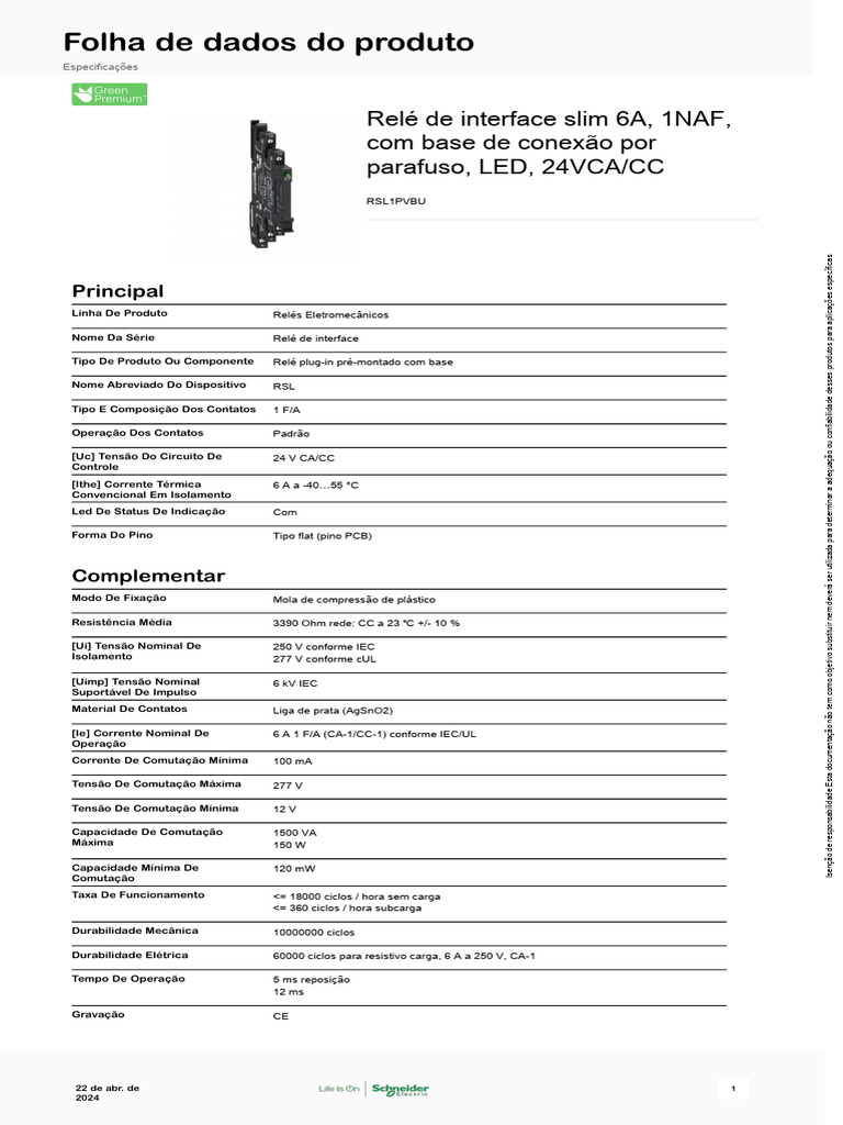 Schneider Electric - Relés-Eletromecânicos-Harmony - RSL1PVBU | PDF