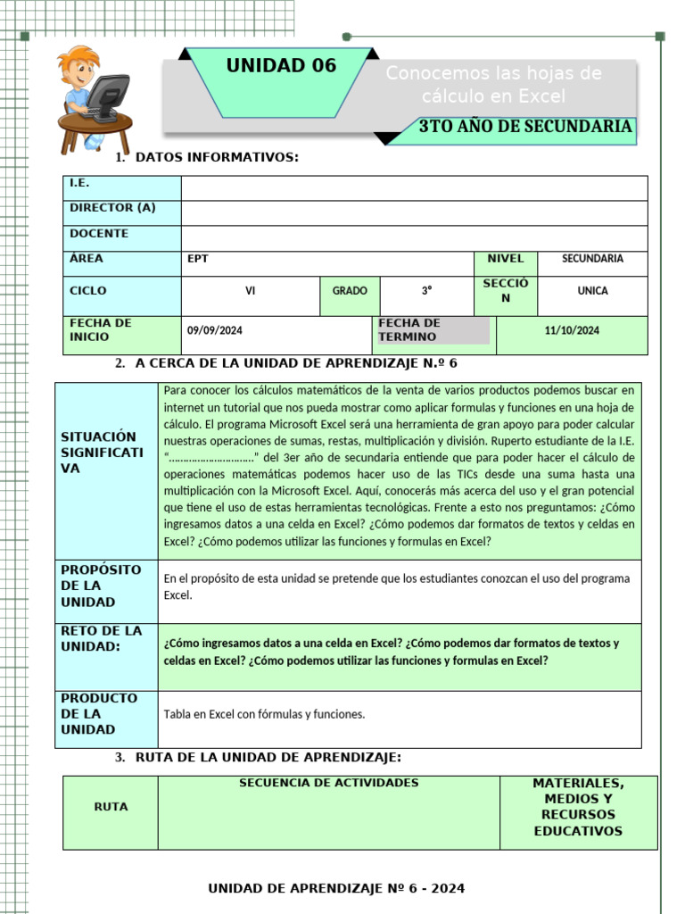 3º Unidad 6 Ept - 2024 | PDF | Microsoft Excel | Aprendizaje