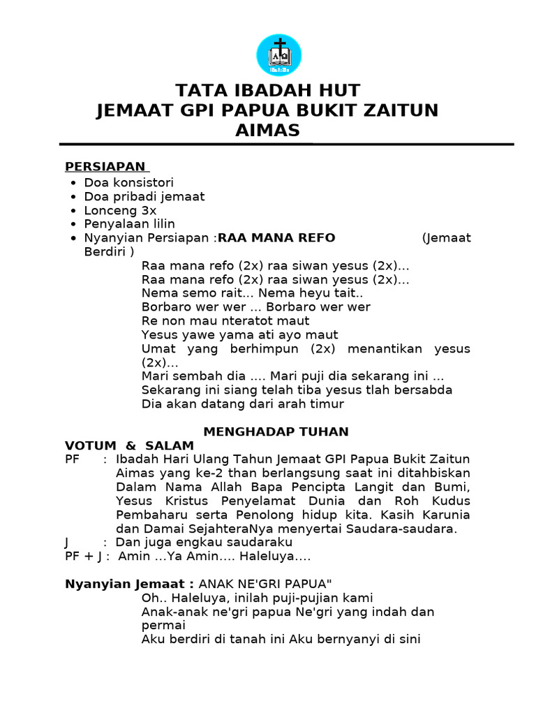 TATA IBADAH HUT KE-2 JMT BZ-1 | PDF