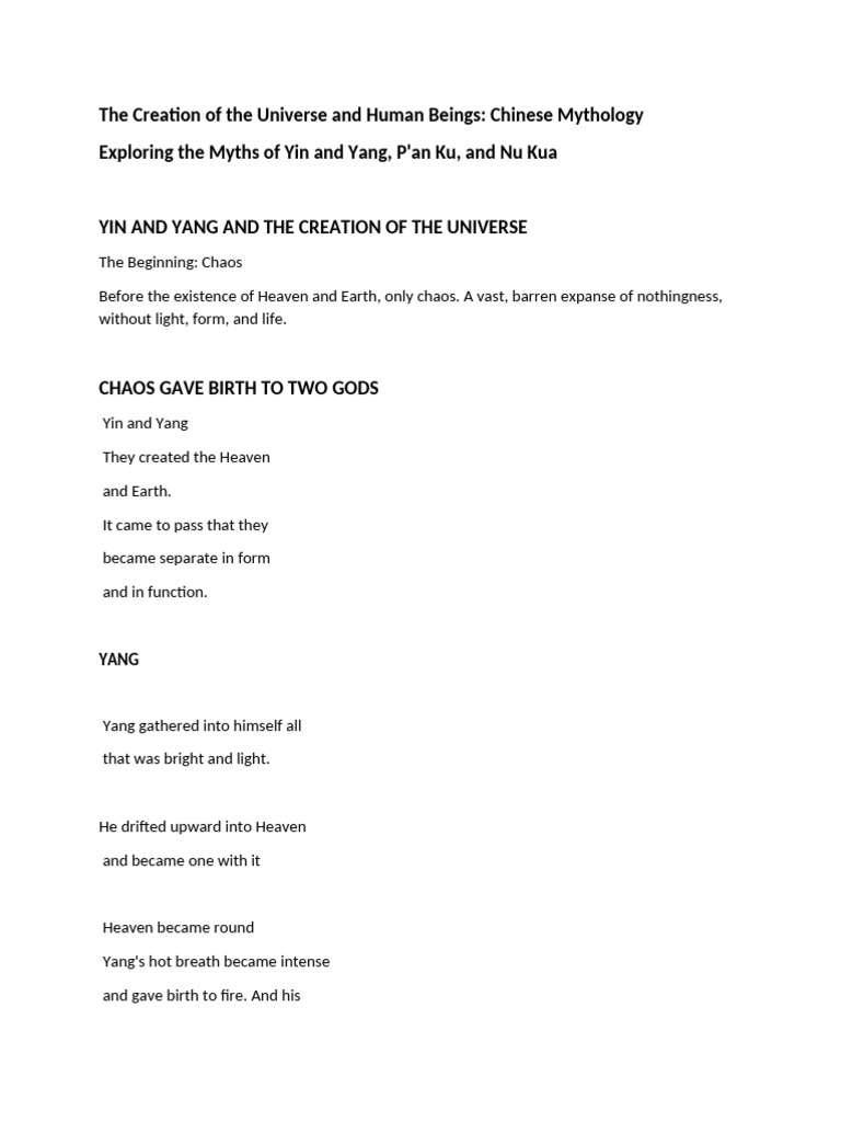The Creation of The Universe and Human Beings Chinese Creation Myth | PDF