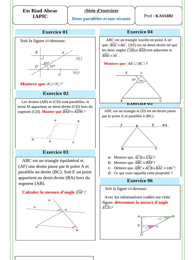 Angles Formes Par Deux Droites Paralleles Et Une Secante Exercices ...