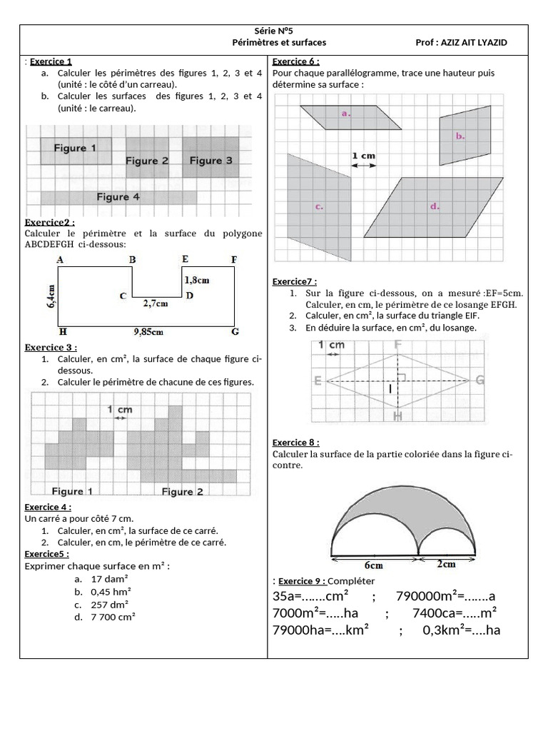 Aires Et Perimetres Exercices Maths 1AC 1 | PDF